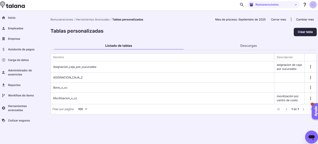 Tablas personalizadas – Centro de Ayuda Talana